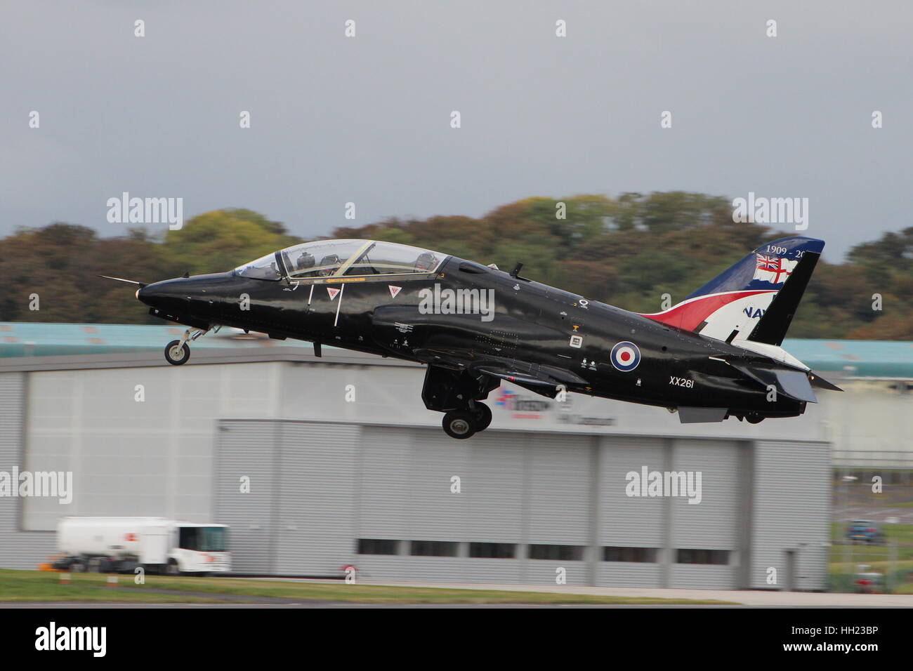 XX261, a BAe Hawk T1 of the Royal Navy, departs Prestwick Airport for a ...