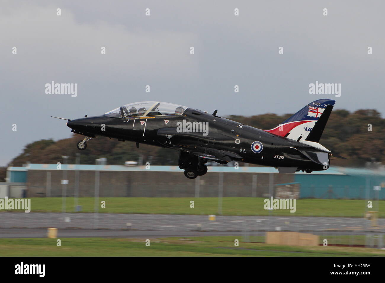 XX261, a BAe Hawk T1 of the Royal Navy, departs Prestwick Airport for a ...