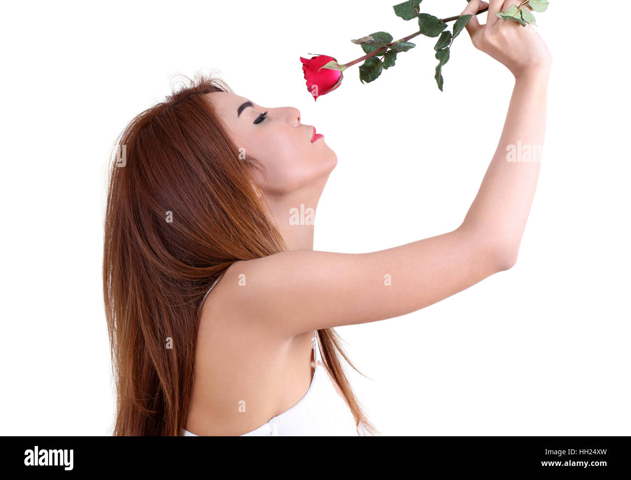 closeup image of beautiful woman and red rose on white background Stock ...