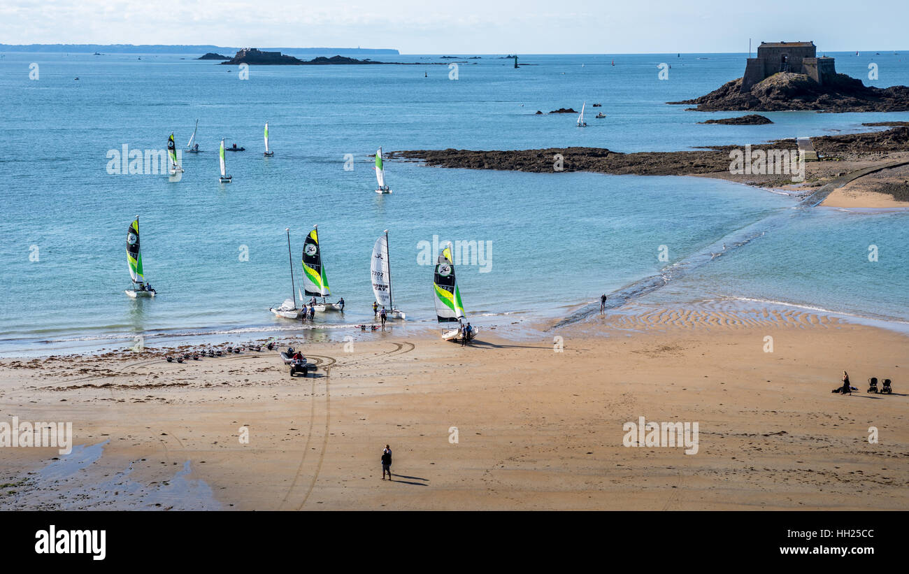 Bright beachable catamarans in Saint-Malo Bon Secoirs beach, France ...
