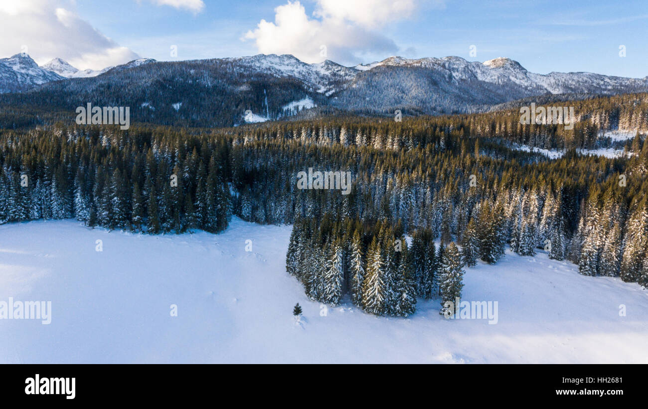Aerial view of mountain ridge above snow covered forest Stock Photo - Alamy