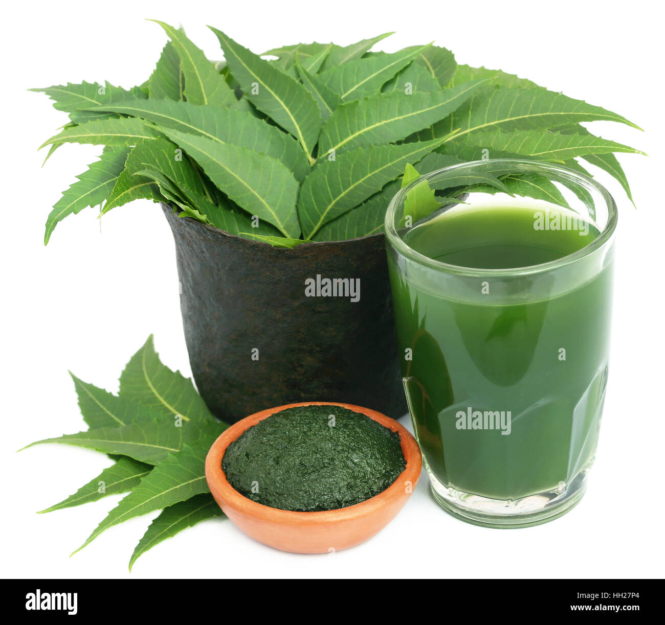 Medicinal neem leaves with extract and ground paste over white ...