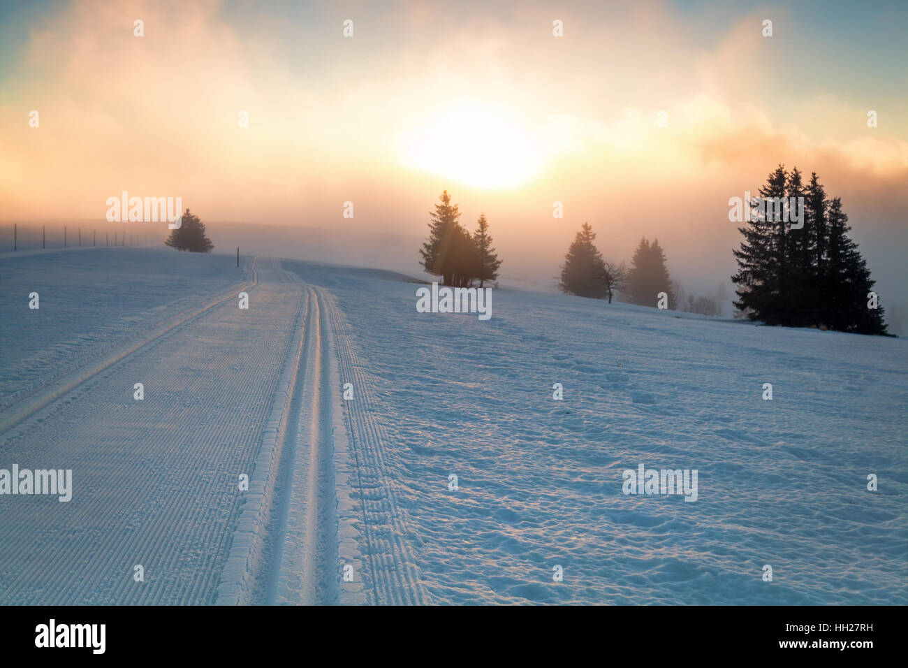 skiing snow path on mountain and sunlight Stock Photo - Alamy