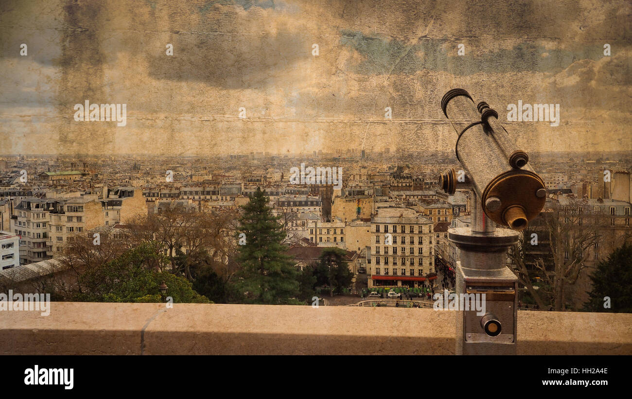 Aerial view of Paris with telescope in the foreground in vintage look ...