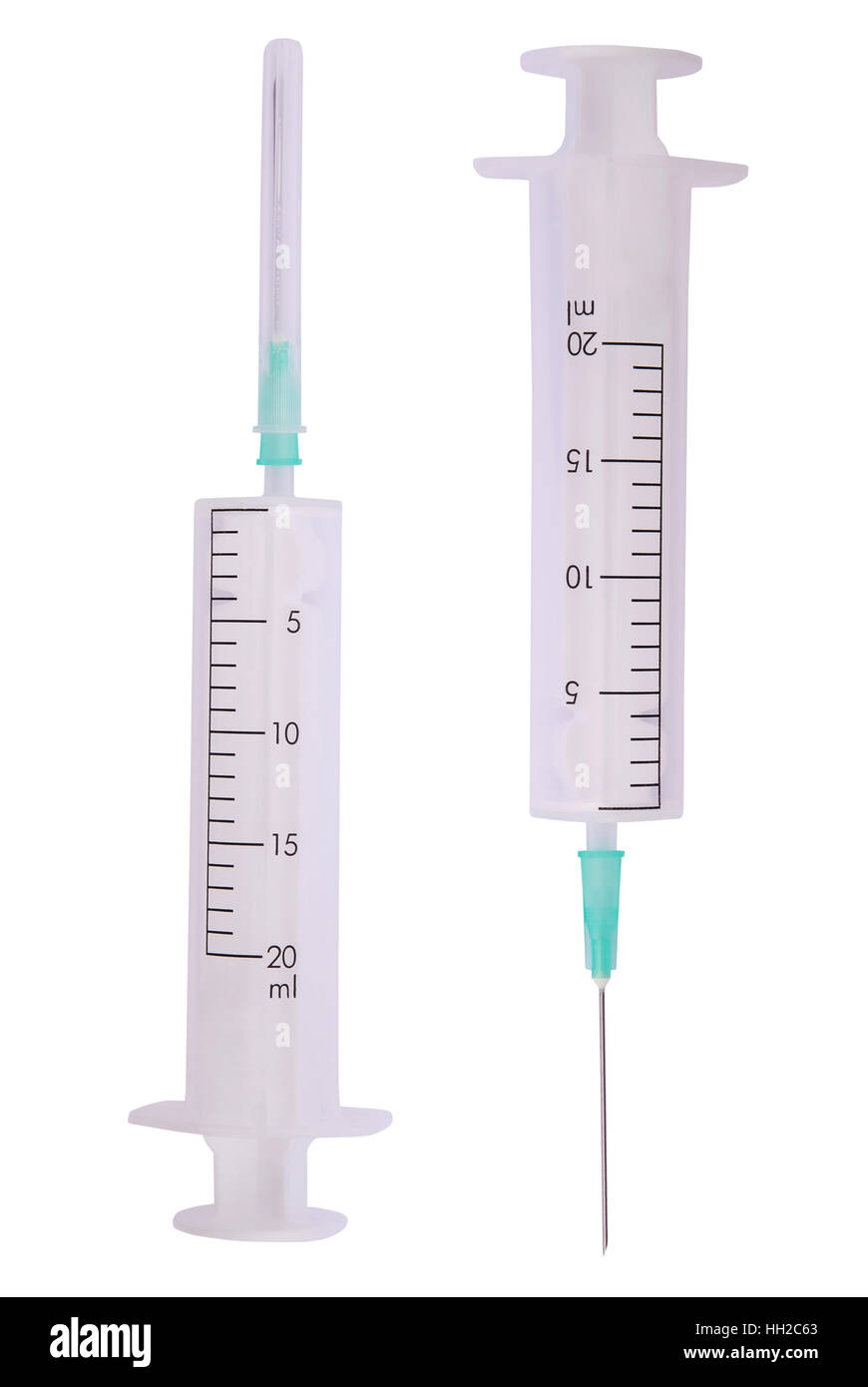 A simple plastic syringe with hypodermic needle on white background ...