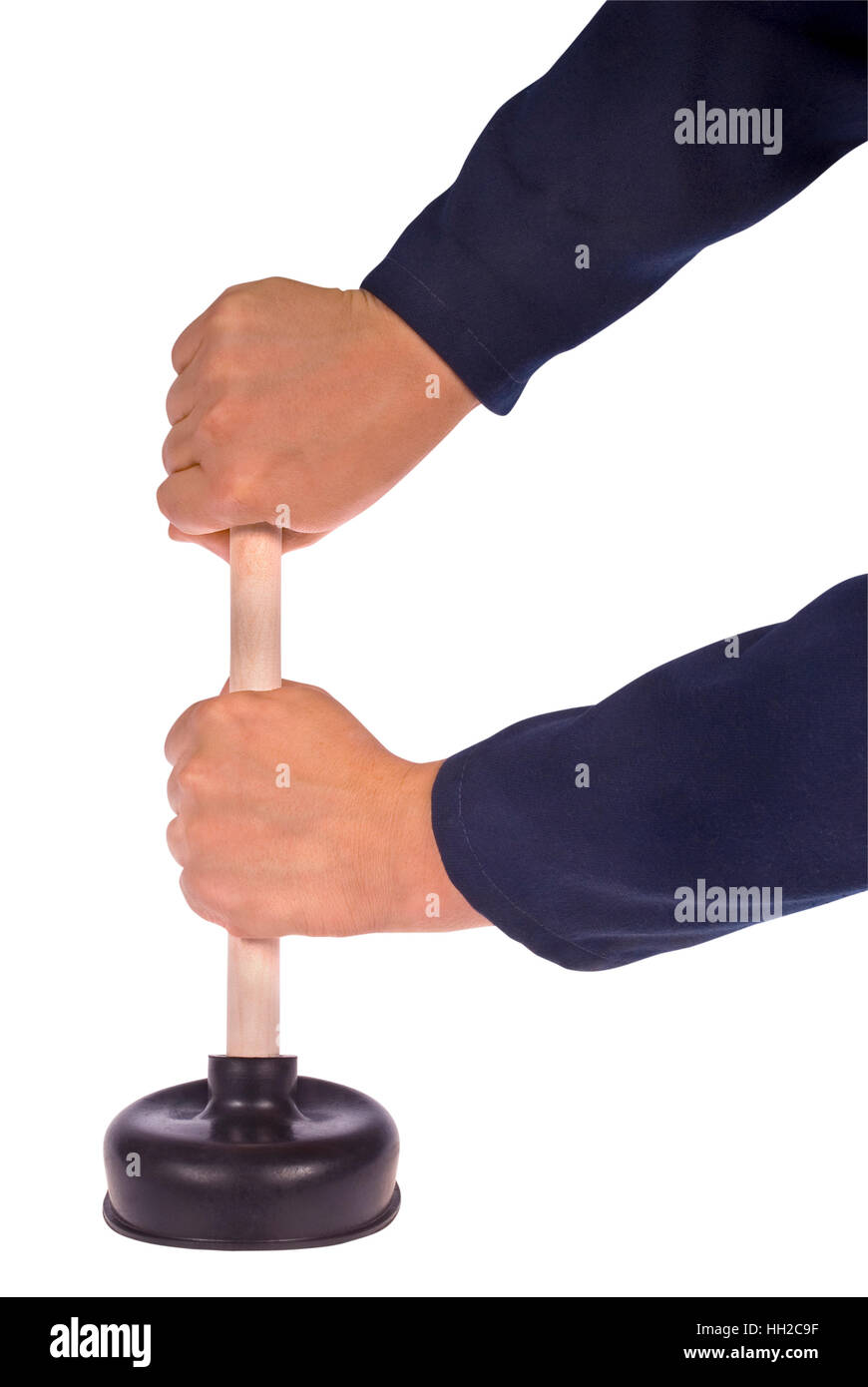 Hand holding plunger with wooden handle isolated on white. Clipping ...