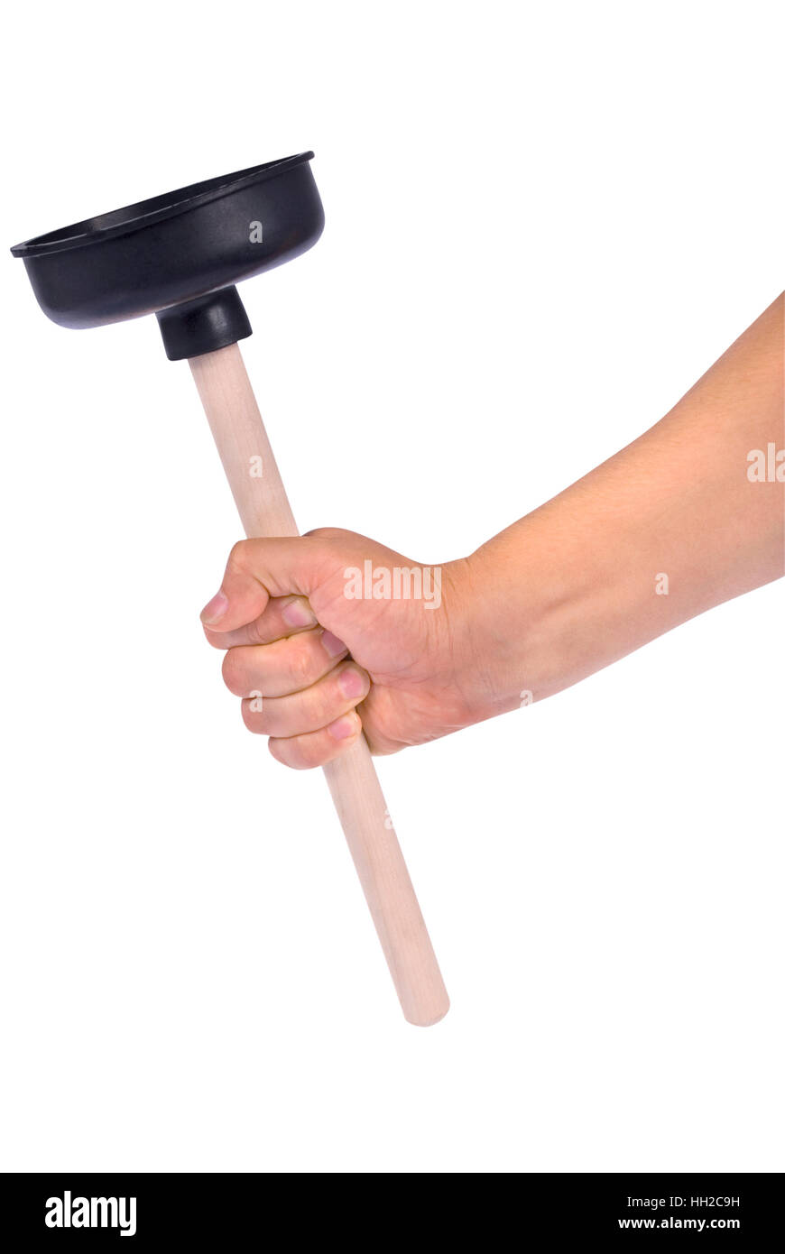 Hand holding plunger with wooden handle isolated on white. Clipping ...