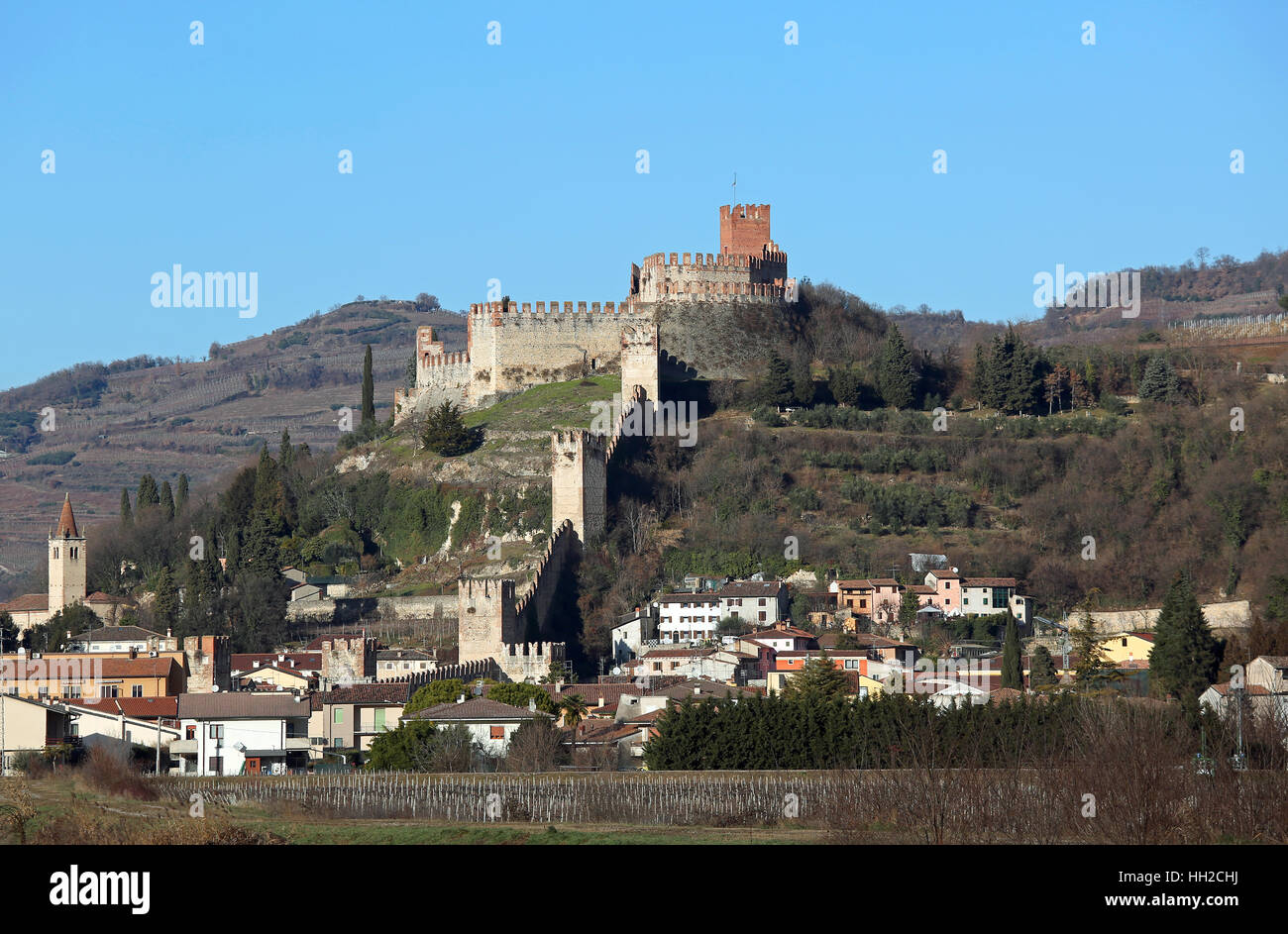 Ancient Castle of Soave with medieval walls and the ancient tower in ...