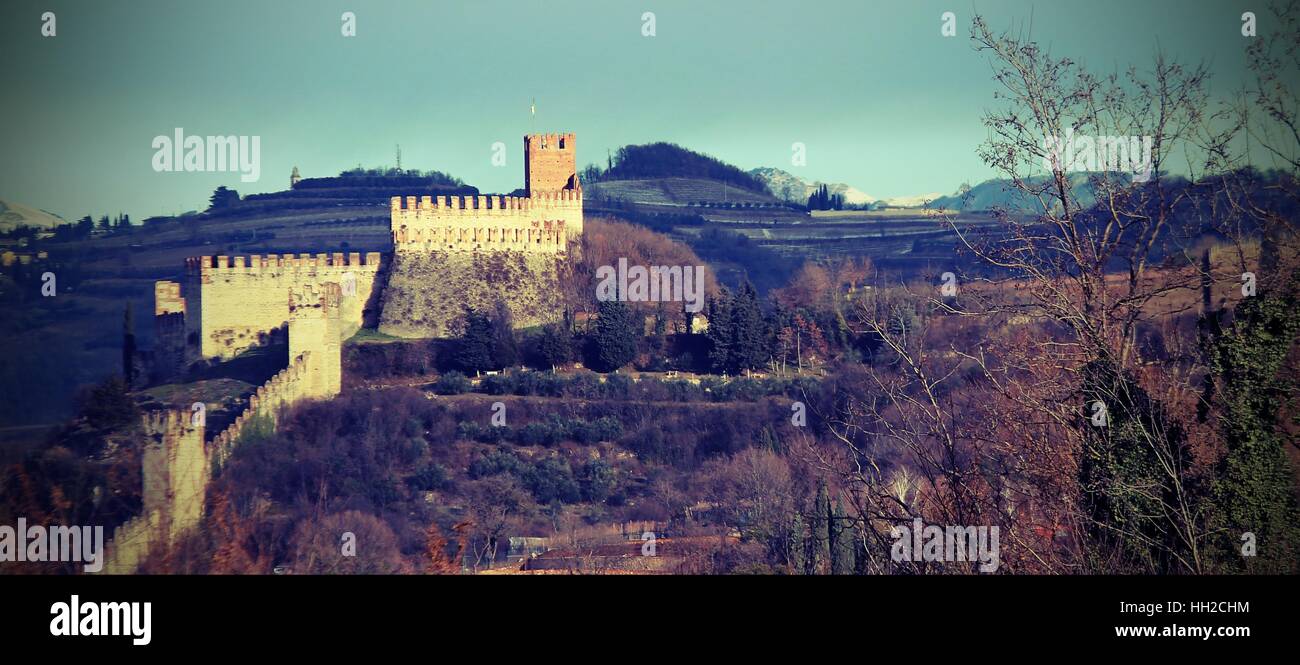 Ancient Castle of Soave with medieval walls and the ancient tower in ...