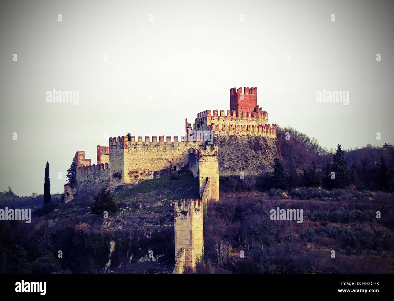 Ancient Castle of Soave with medieval walls and the old tower in ...