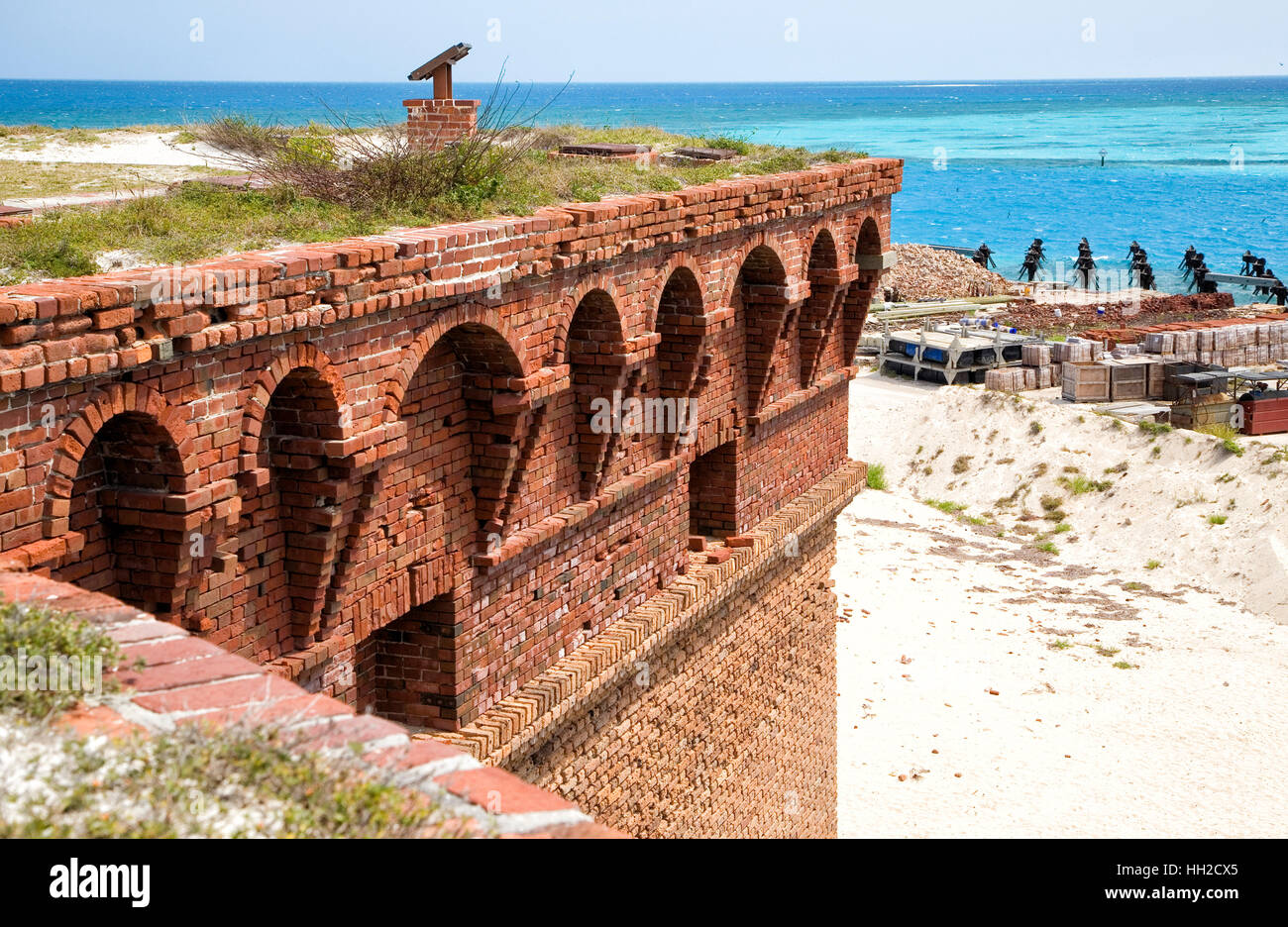 Brick laden corner parapet of Fort Jefferson looks out toward the ...
