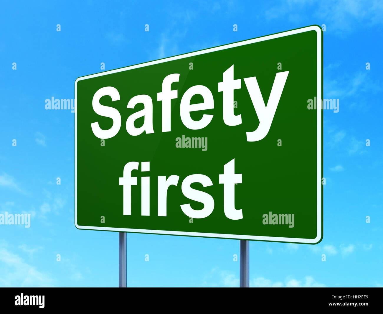 Protection concept: Safety First on road sign background Stock Photo ...