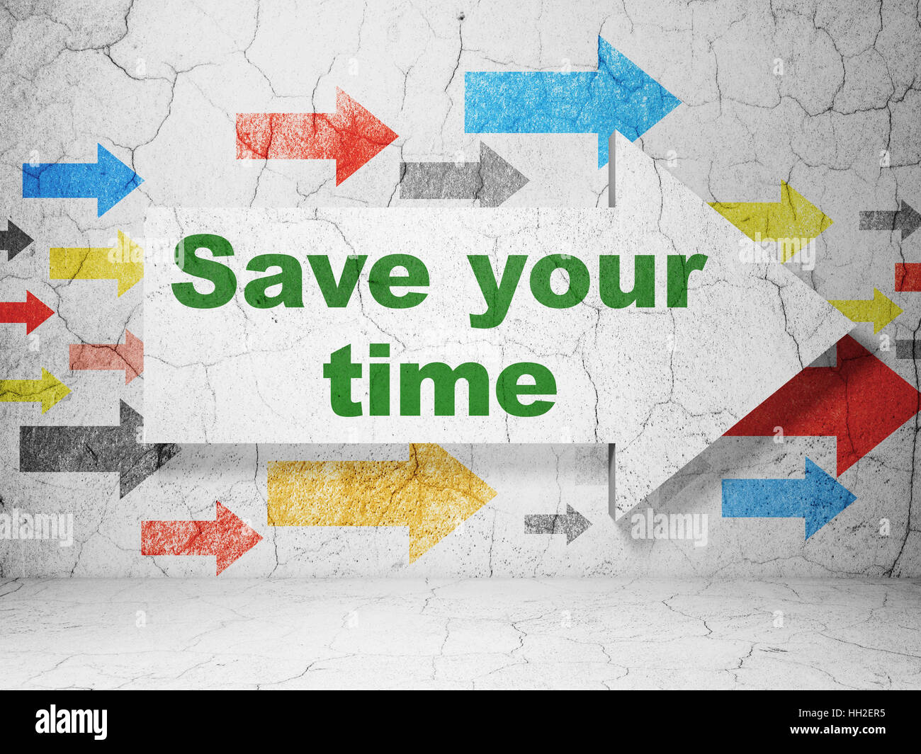Time concept: arrow with Save Your Time on grunge wall background Stock ...