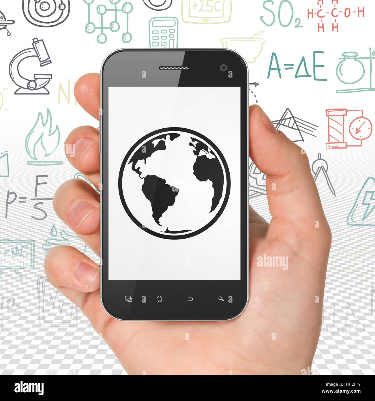 Science concept: Hand Holding Smartphone with Globe on display Stock ...
