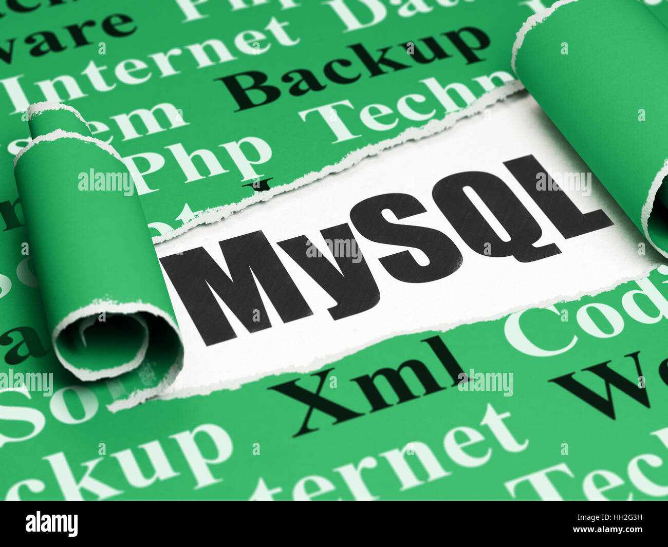 Database concept: black text MySQL under the piece of torn paper Stock ...