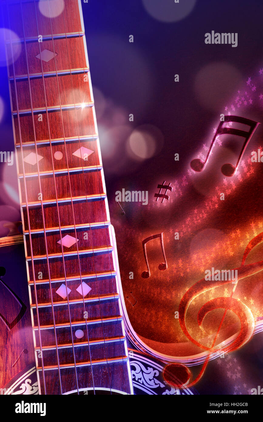 Conceptual illustration acoustic guitar music with flying notes ...