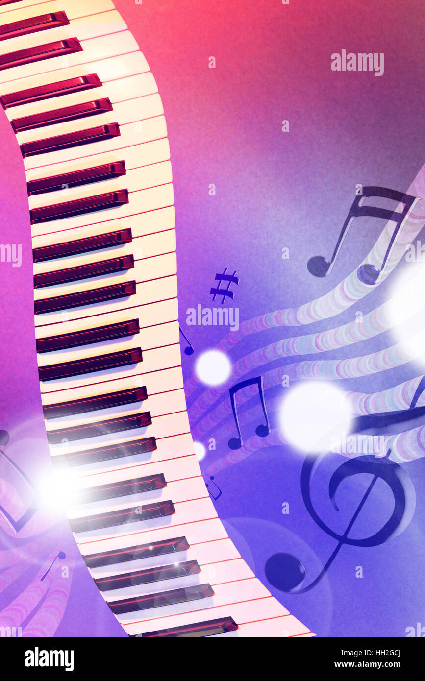 Conceptual illustration keyboard with flying notes, brightness and red ...