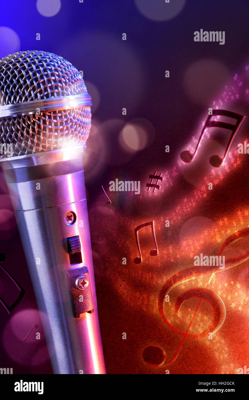 Conceptual illustration microphone with flying notes, brightness and ...