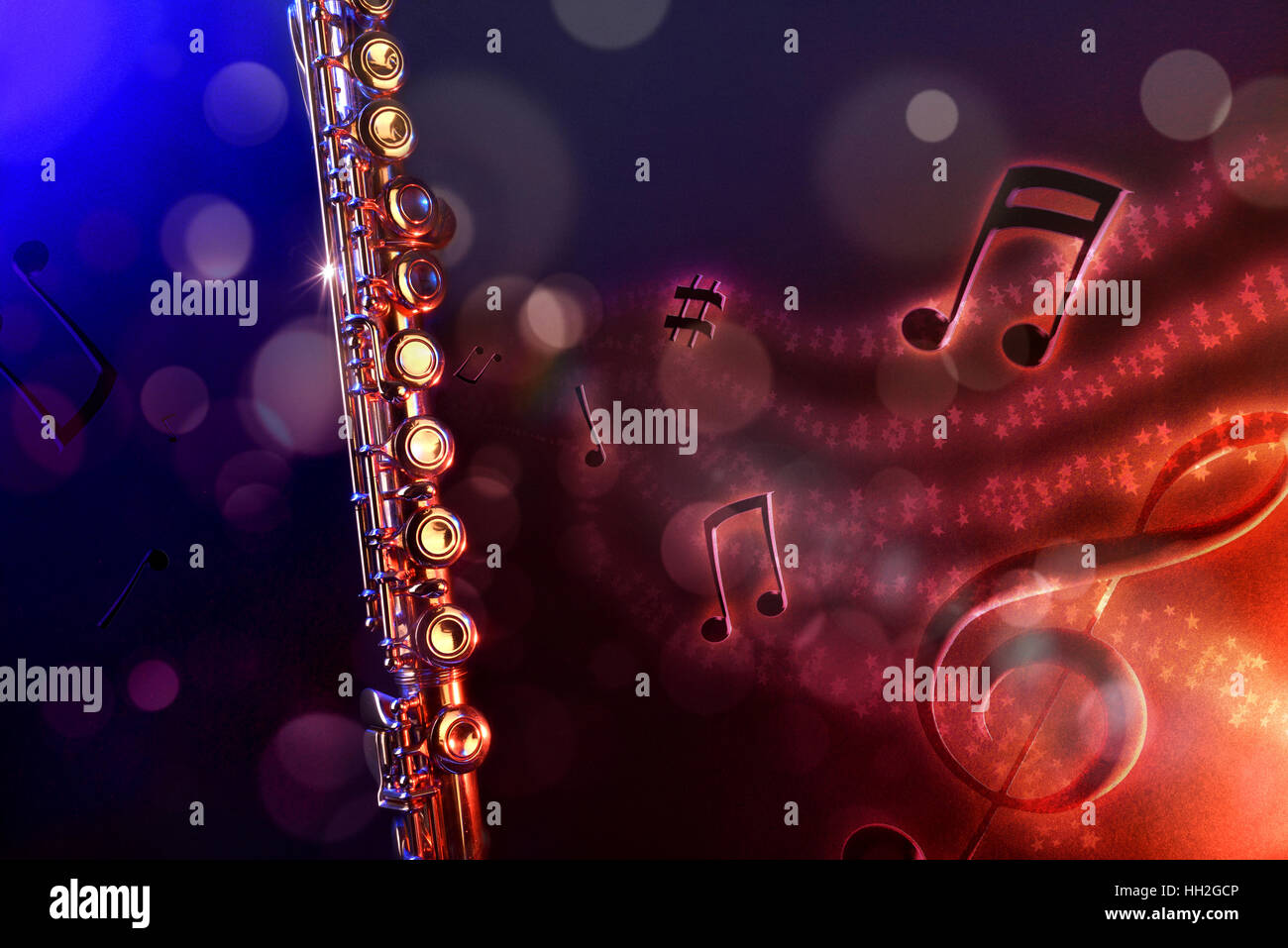 Conceptual illustration transverse flute with flying notes, brightness ...