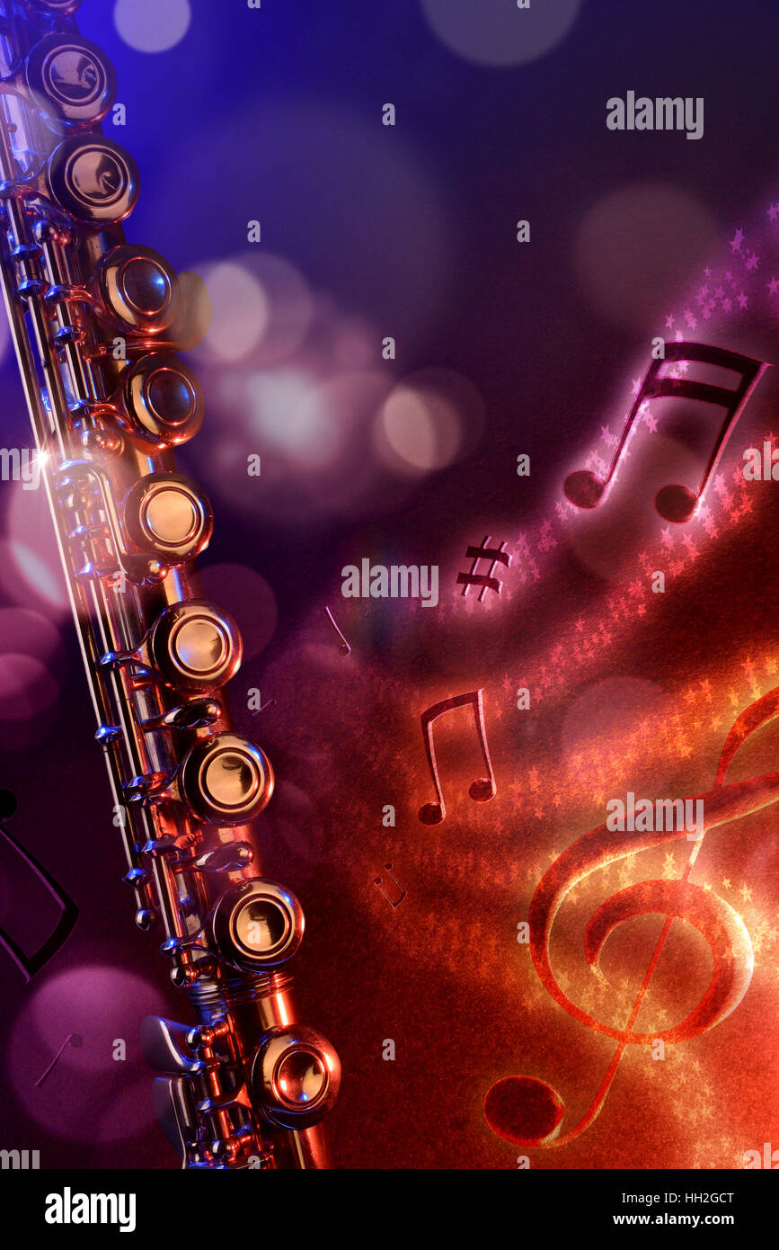 Conceptual illustration transverse flute with flying notes, brightness ...