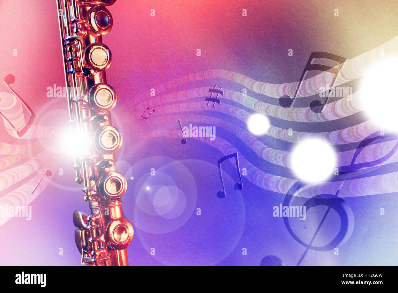 Conceptual illustration transverse flute with flying notes, brightness ...