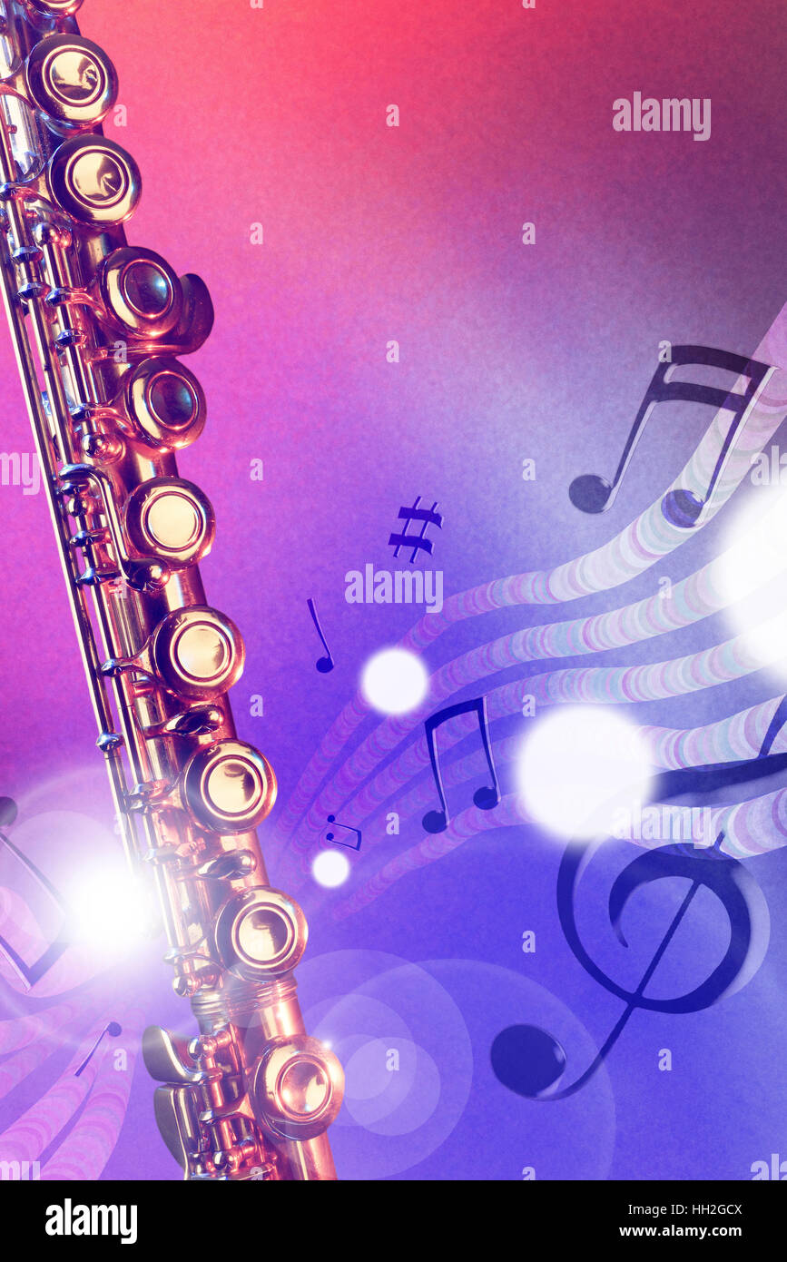 Conceptual illustration transverse flute with flying notes, brightness ...