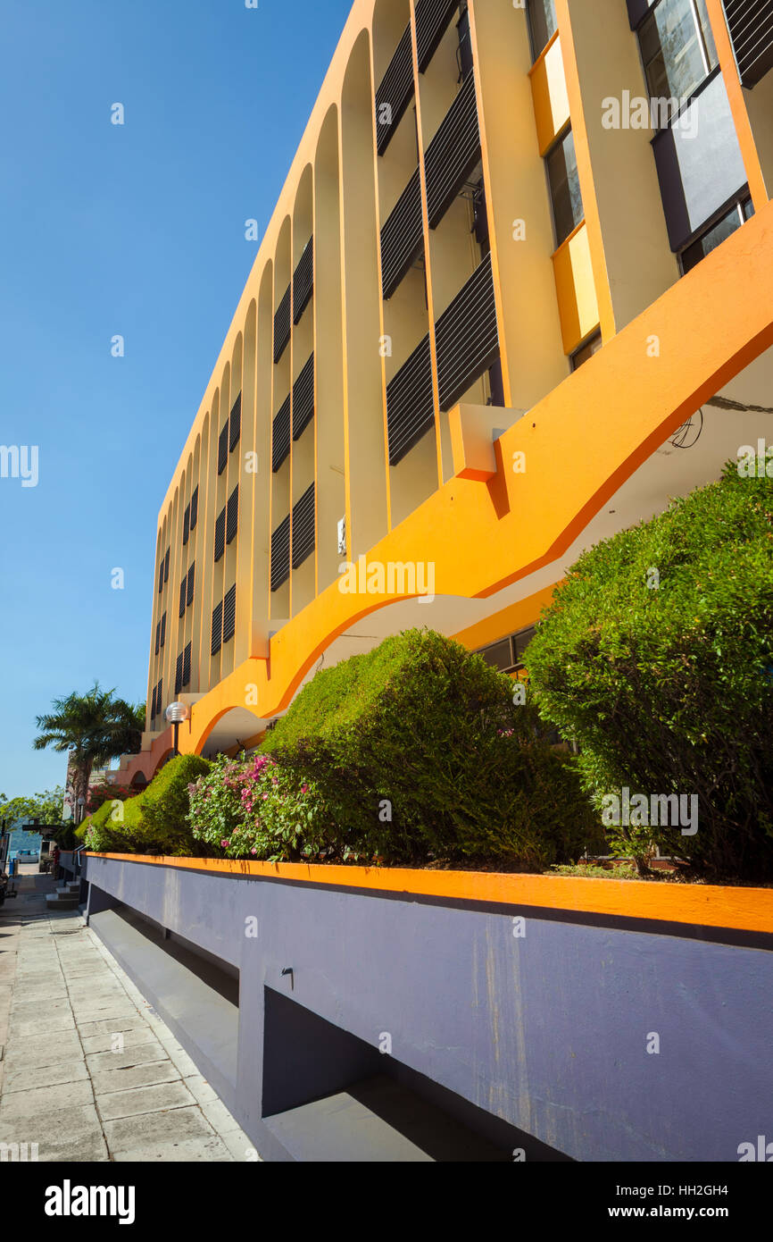 Pavement and view of a colourful building in Kota Kinabalu, Sabah ...