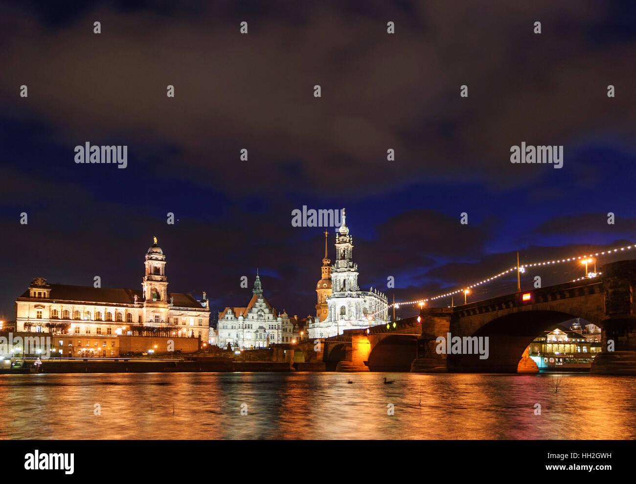 Dresden: The Elbe with state house, castle tower, cathedral, Augustus ...