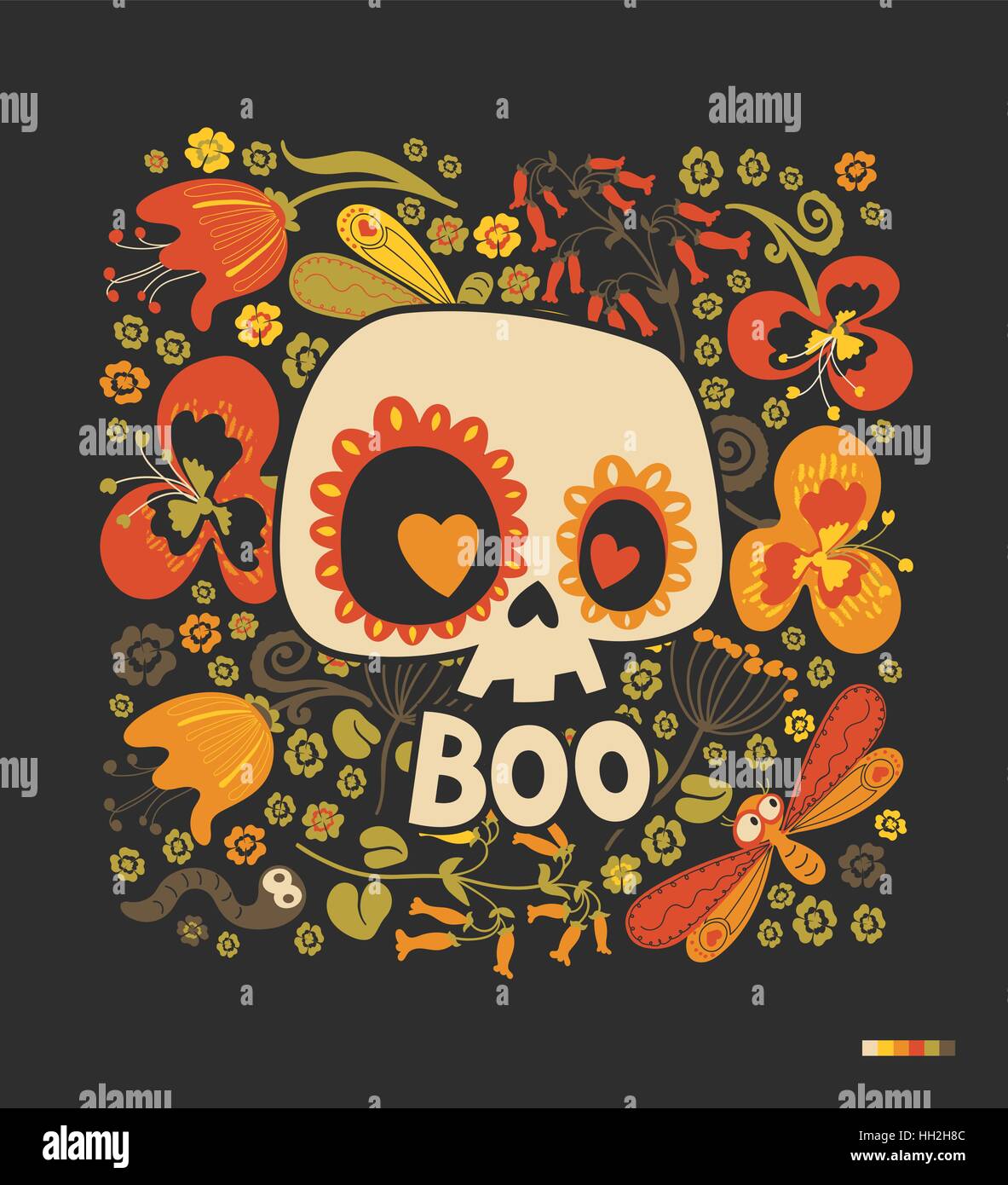 Cartoon sugar skull silhouette with heart eyes, floral ornament and ...