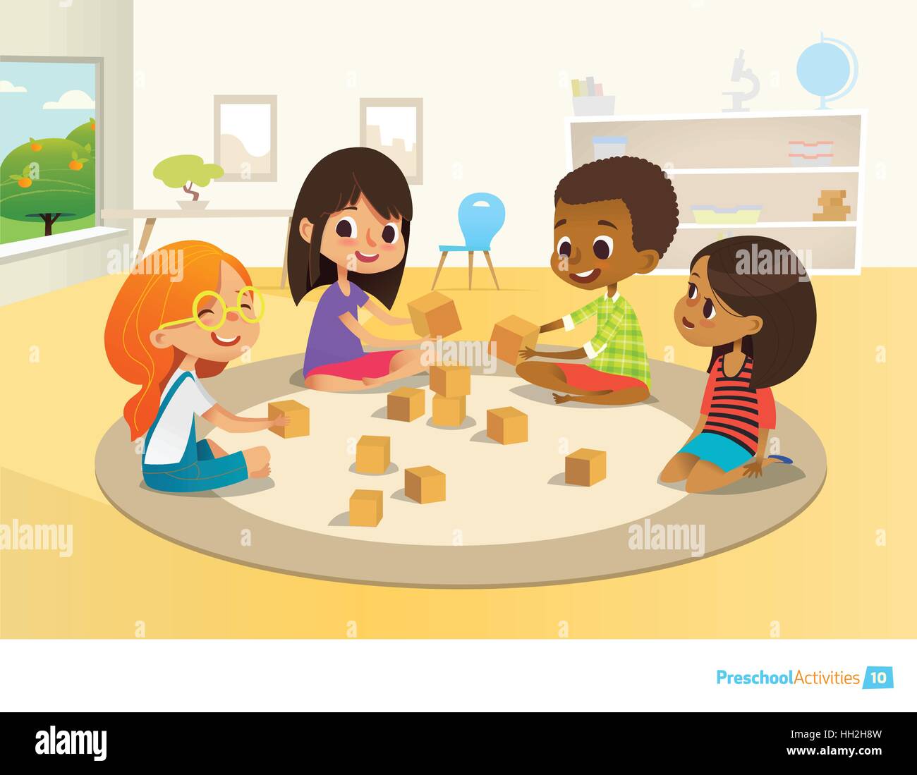 Children sit in circle on round carpet in kindergarten classroom, play ...