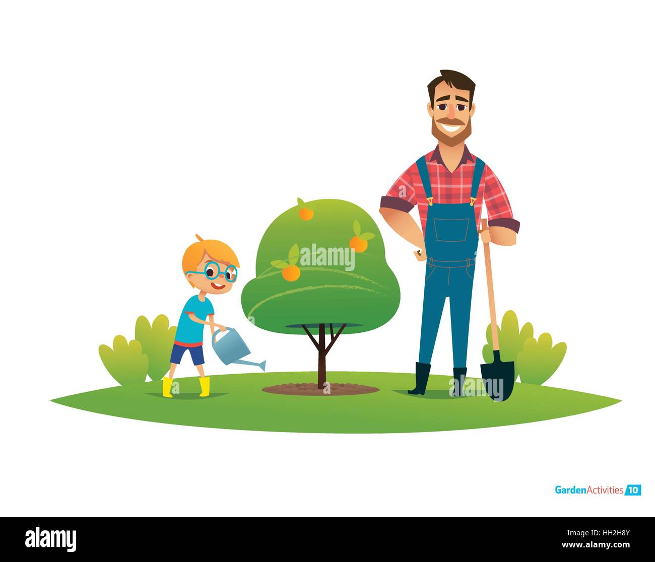 Cartoon characters, smiling father and son in rubber boots with ...