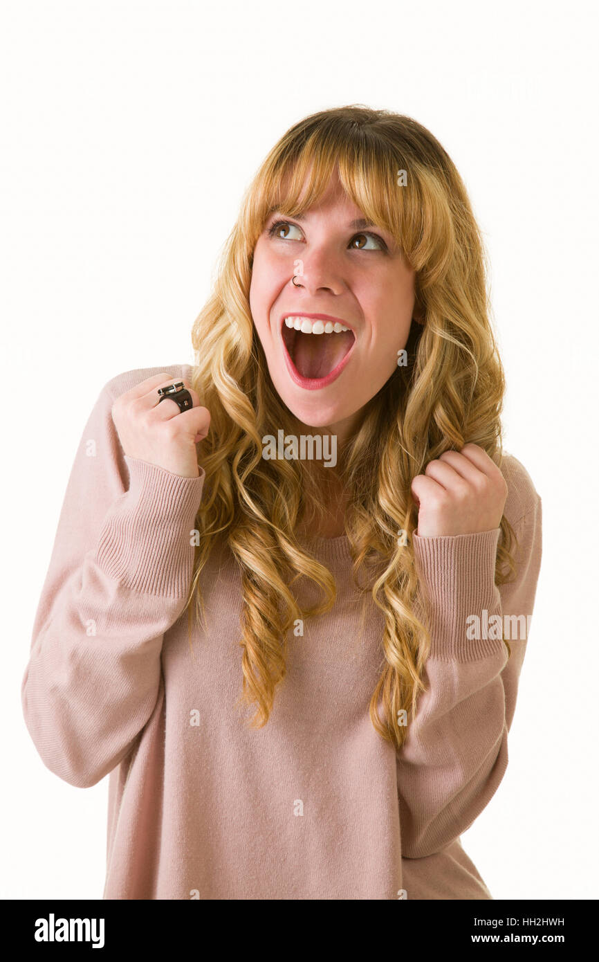 A very happy woman looking up Stock Photo - Alamy