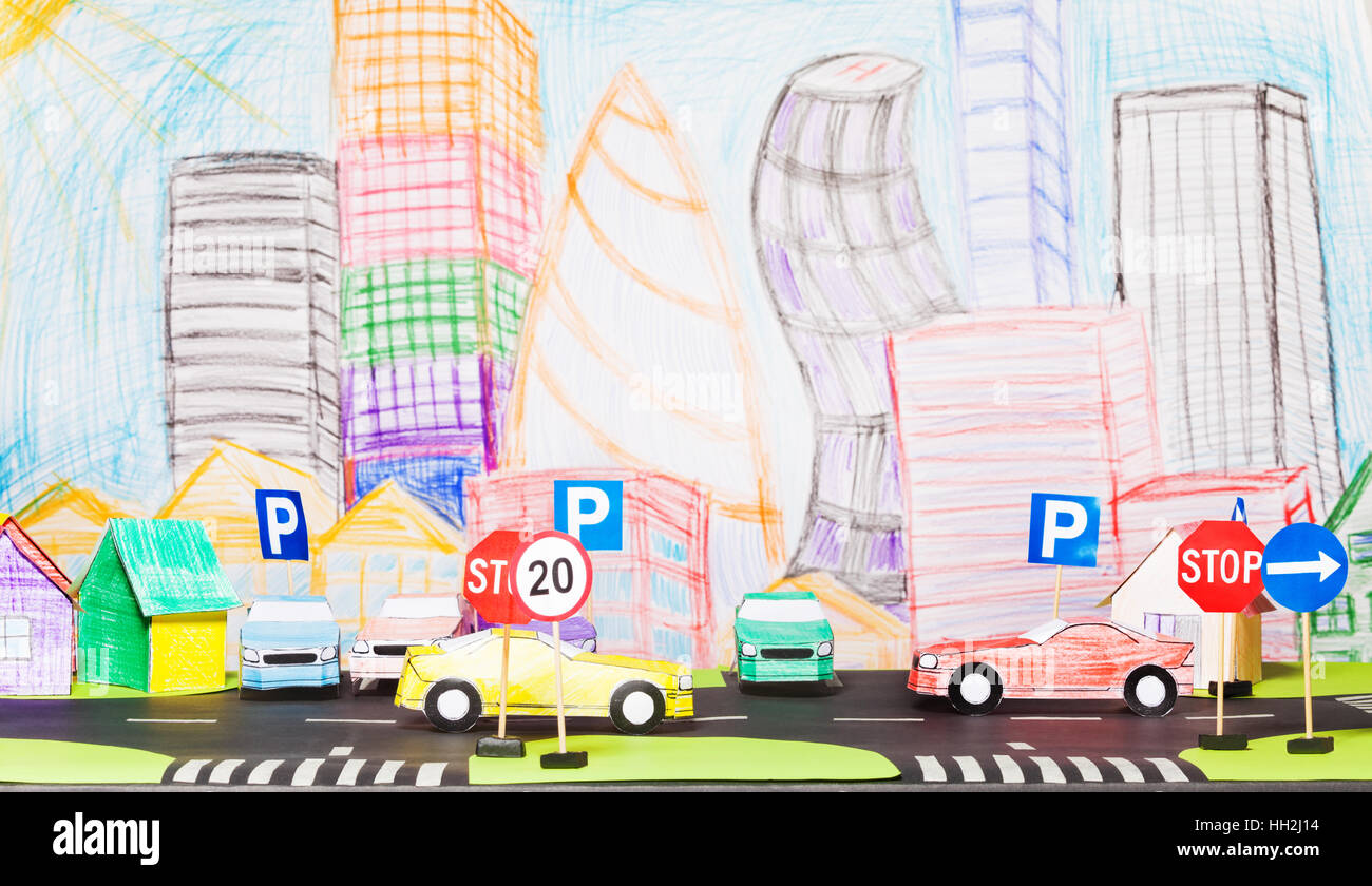 Road traffic at the toy city with signs and cars Stock Photo - Alamy