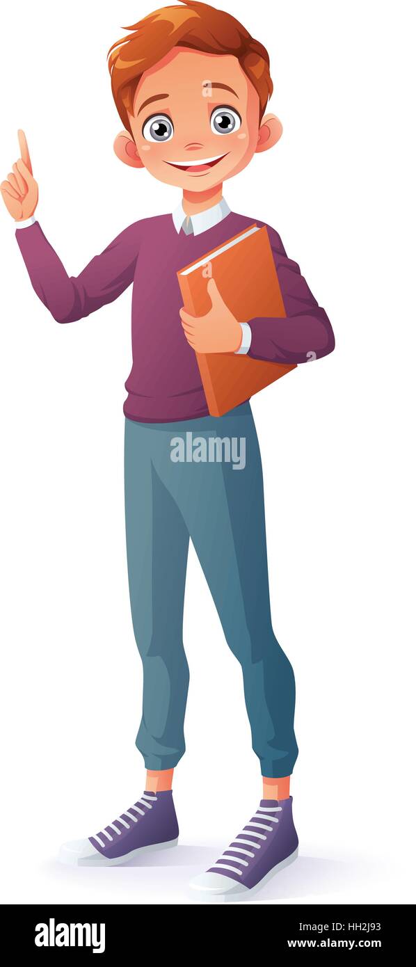 Vector clever smiling boy index finger pointing up with idea Stock ...