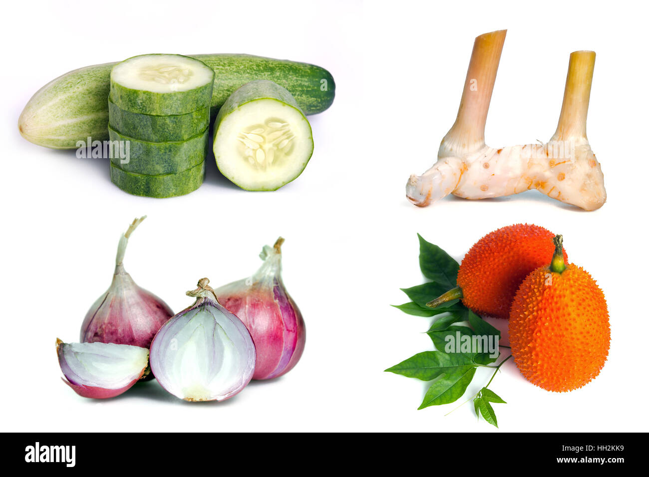 Cucumber, Ginger, shallot(onion), and gac fruit grouped and isolated on ...