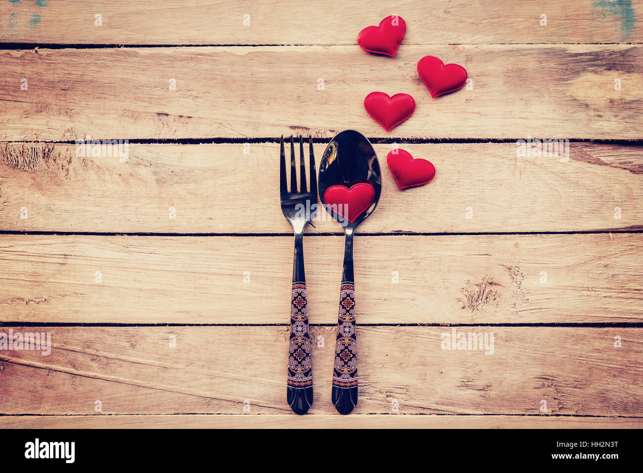Table setting cutlery and red heart for dinner Valentine Day Stock ...