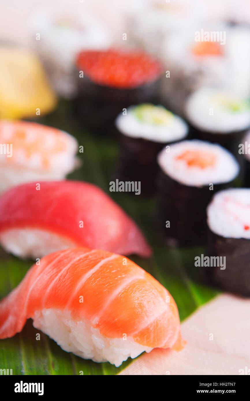Close-up of various Japanese sushi. Photographed with a shallow depth ...