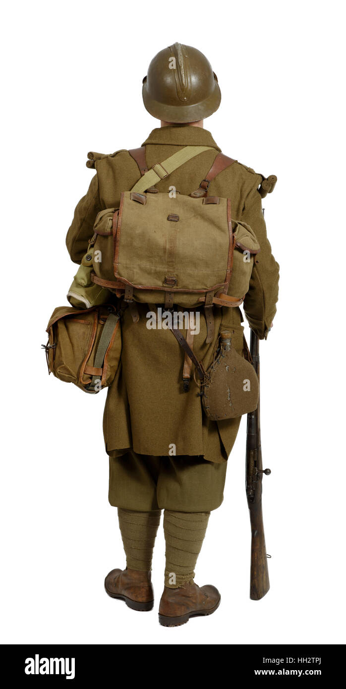 French soldier in 1940's uniform , back view, isolated on white ...