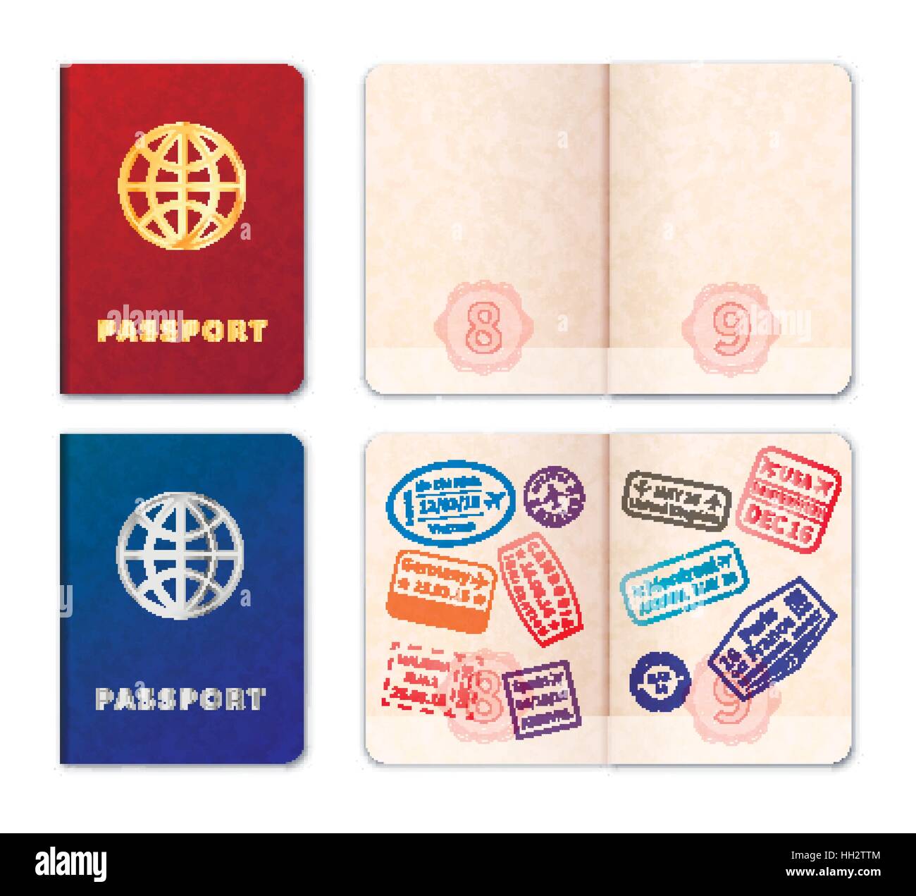 Blue and red realistic passport icons with stamp imprints isolated on ...