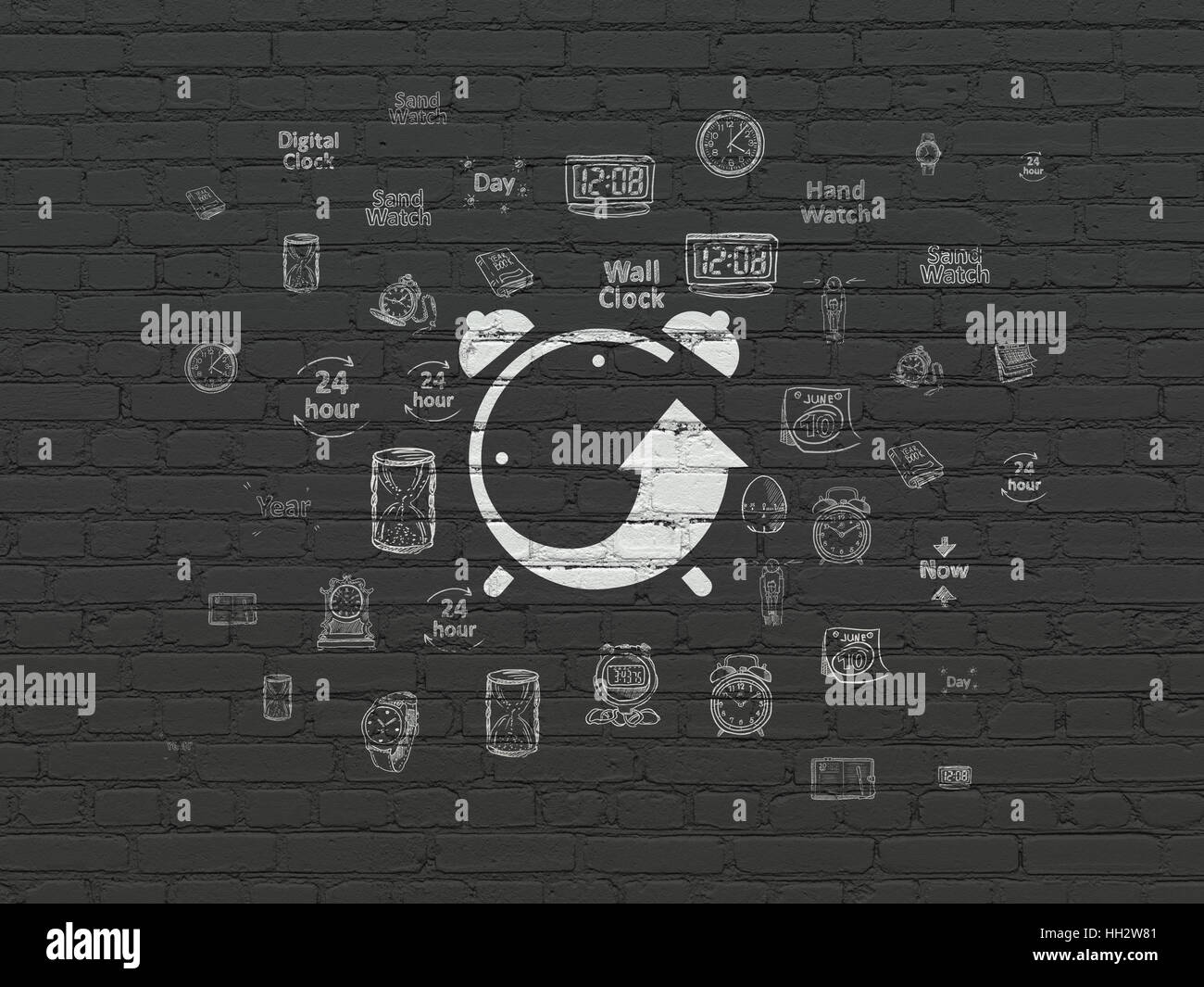 Timeline concept: Alarm Clock on wall background Stock Photo - Alamy