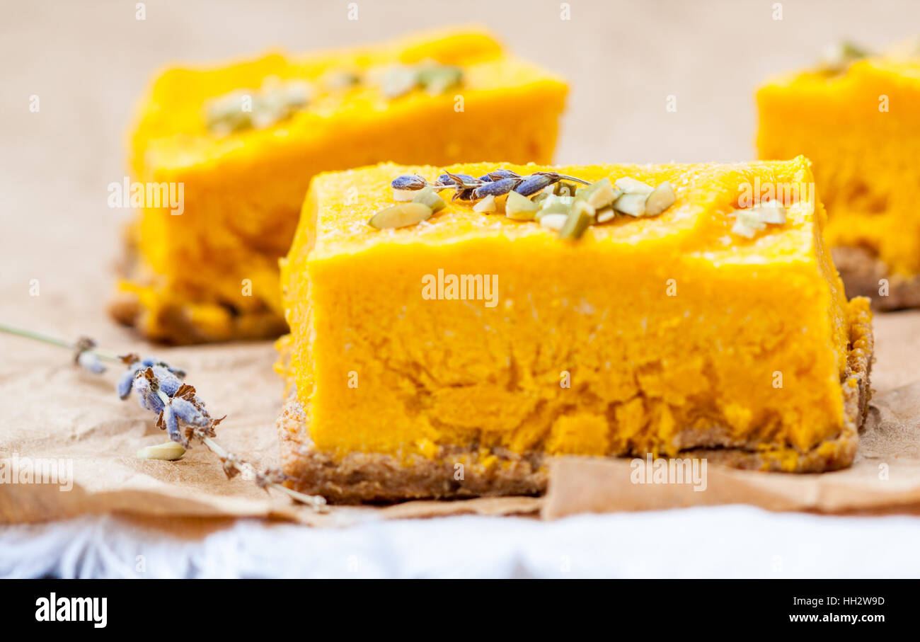 Slices of raw vegan pumpkin cheesecake. Love for a healthy raw desserts ...