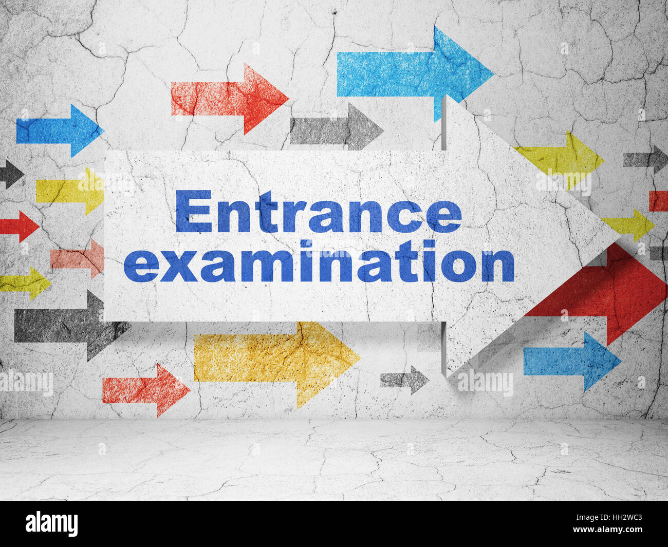 Studying concept: arrow with Entrance Examination on grunge wall ...