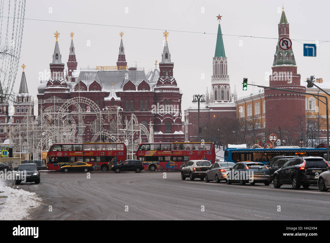 Moscow, Russia. Sunday, January 15, 2017. Tourist buses by Manege ...