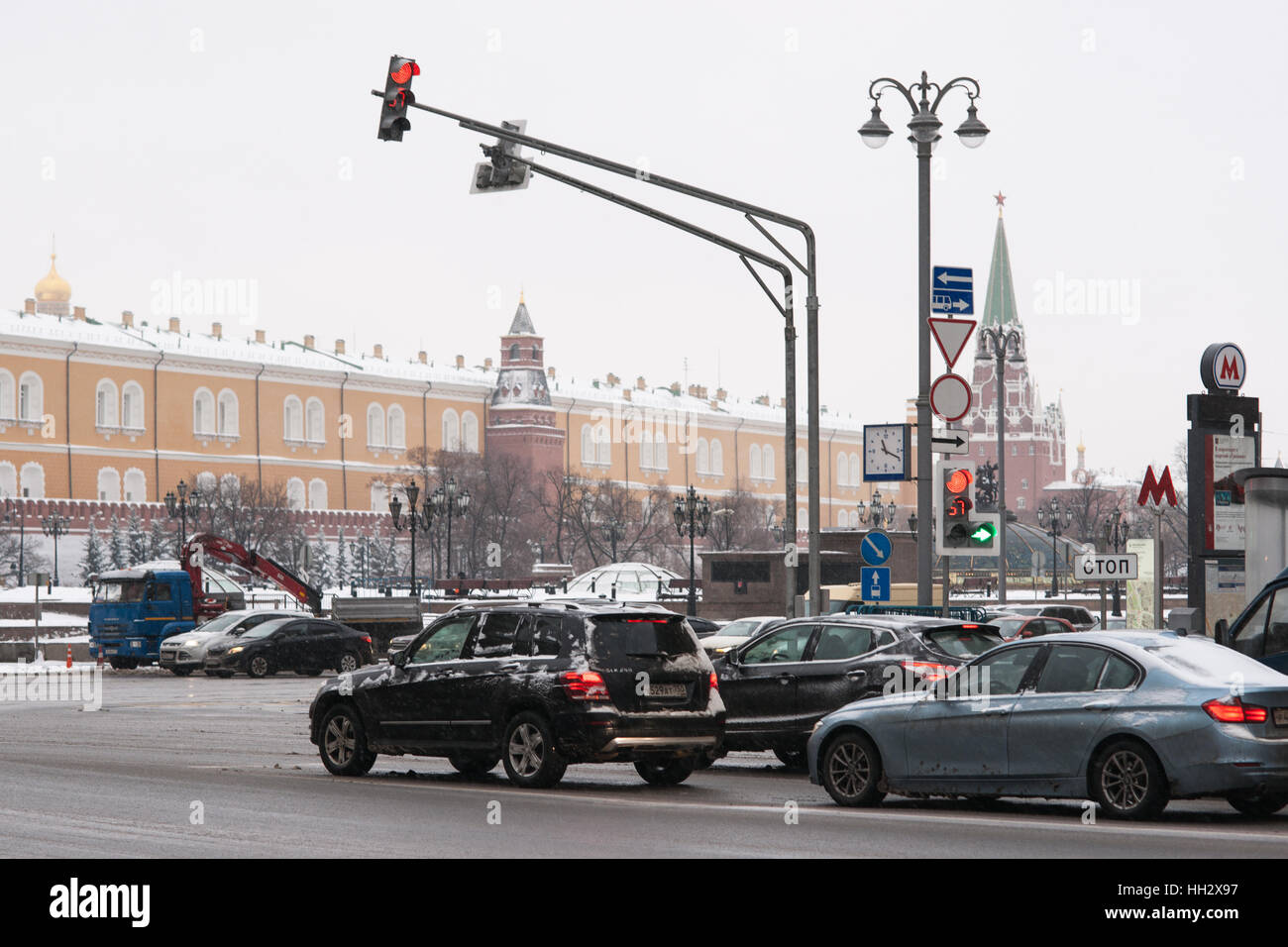 Moscow, Russia. Sunday, January 15, 2017. Junction between Tverskaya ...