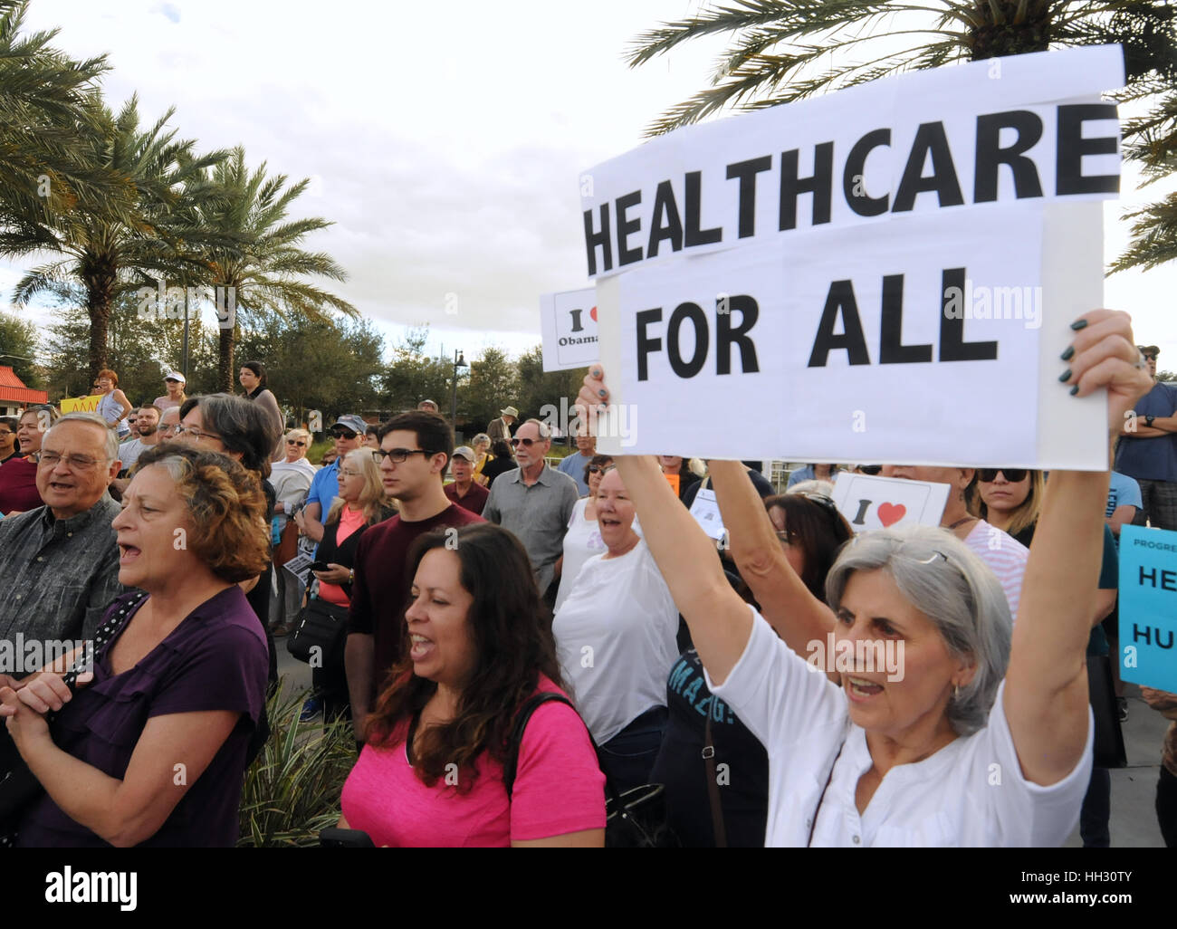 Orlando, USA. 15th January 2017. People protest against the repeal of ...