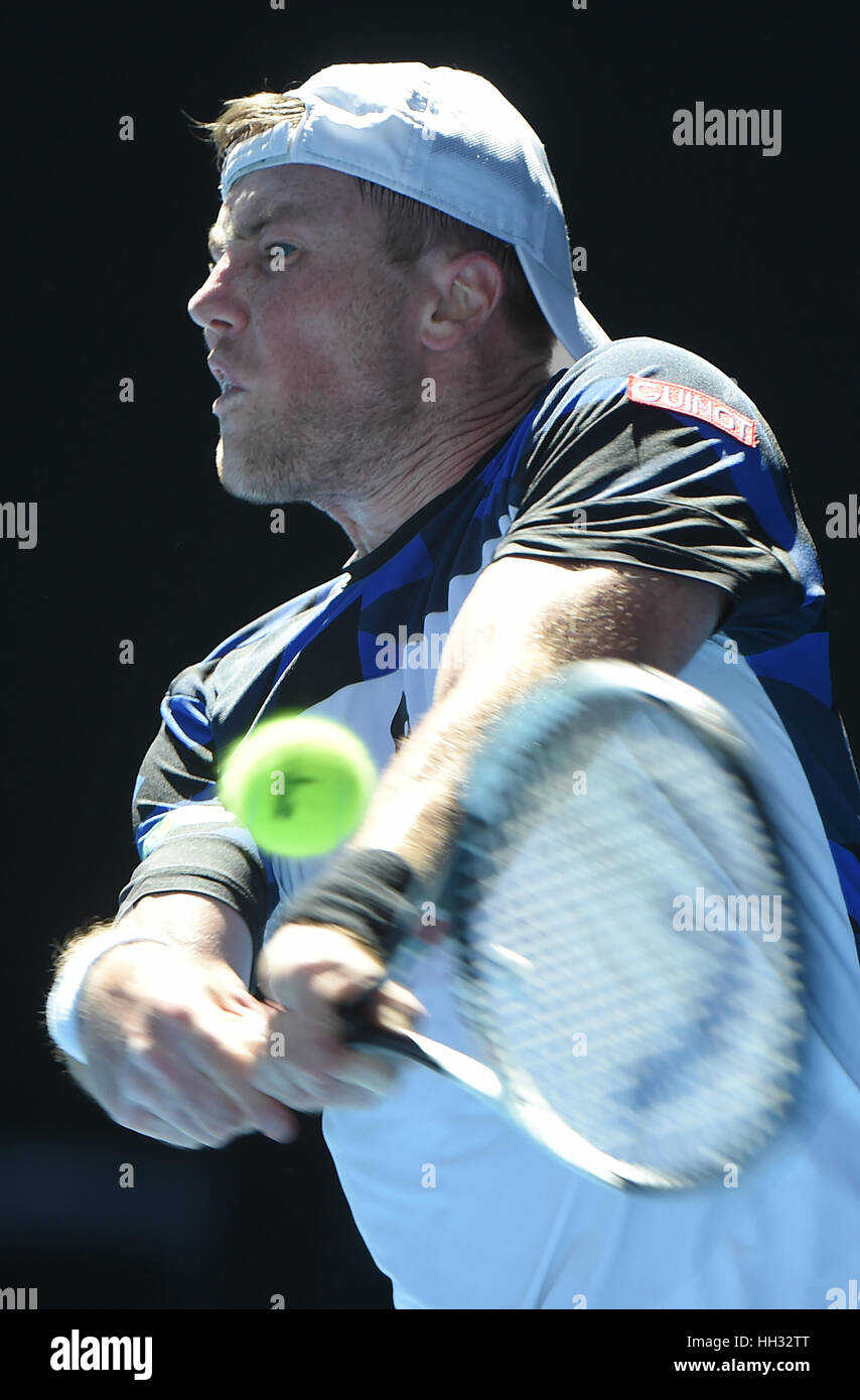 Melbourne, Australia. 16th Jan, 2017. Illya Marchenko of Ukraine hits ...