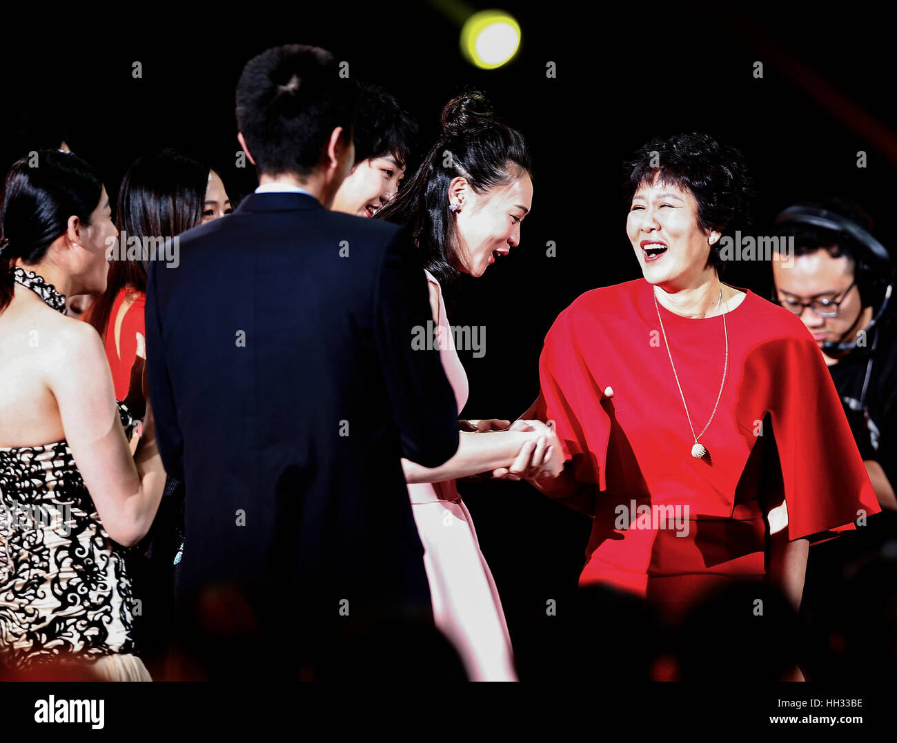 Beijing, China. 15th Jan, 2017. China's volleyball legend Lang Ping (R2 ...