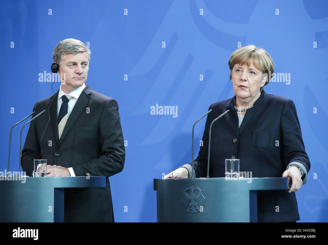 Berlin, Germany. 16th Jan, 2017. German Chancellor Angela Merkel (R ...