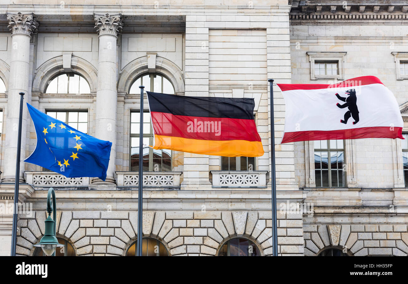 Berlin, Germany. 11th Jan, 2017. The European (l-r), the German and the ...