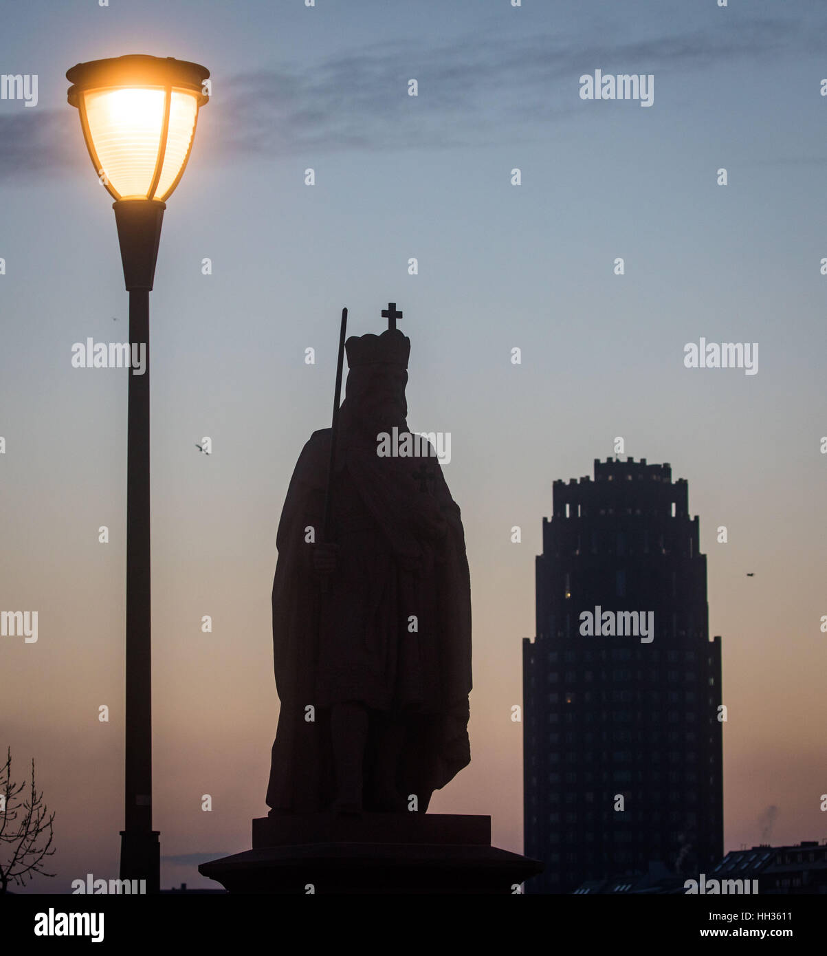 A statue of Charles the Great, photographed during sunrise at the Old ...